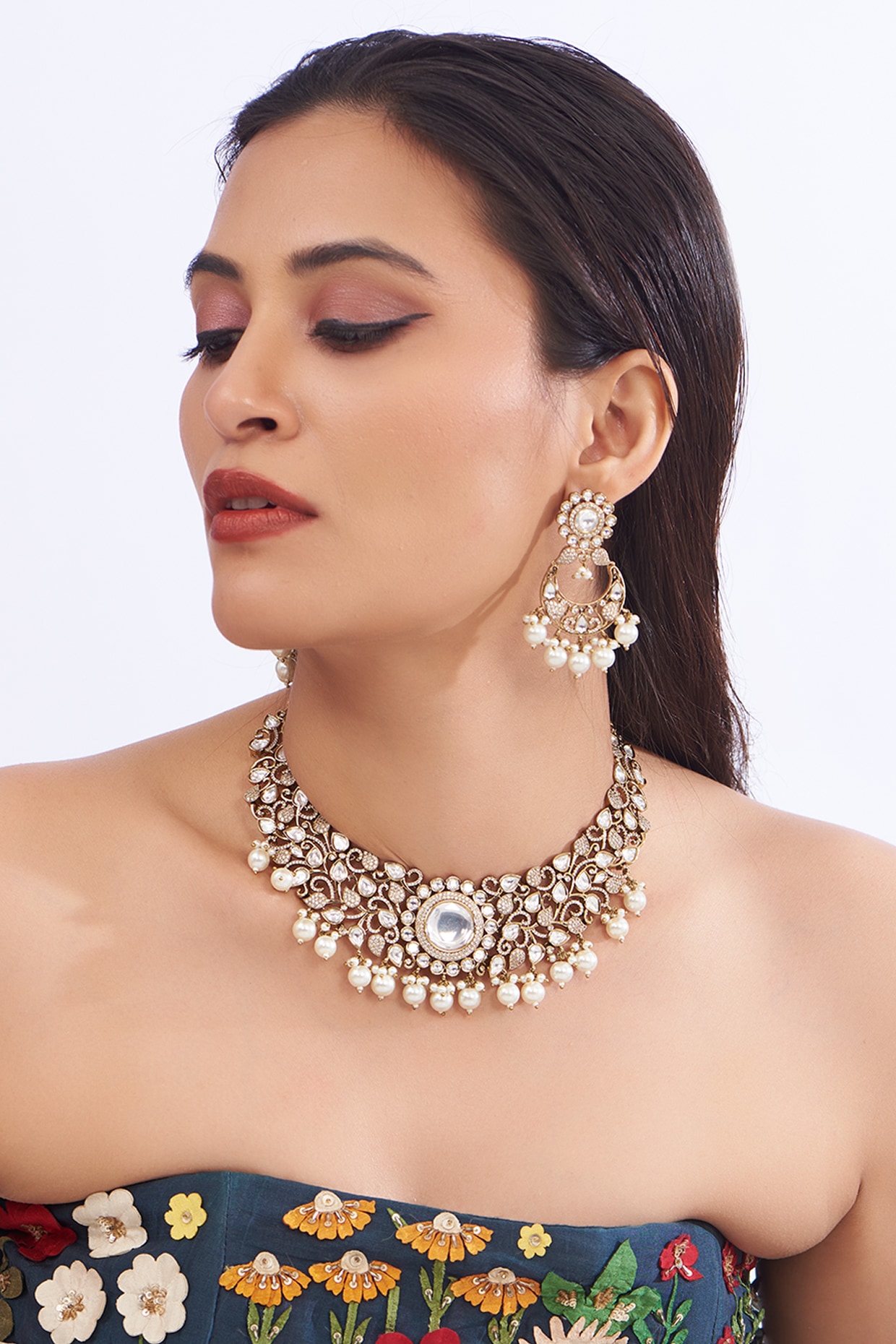 Black Rhodium Finish Kundan Polki & Pearl Necklace Set by Zevar By ...