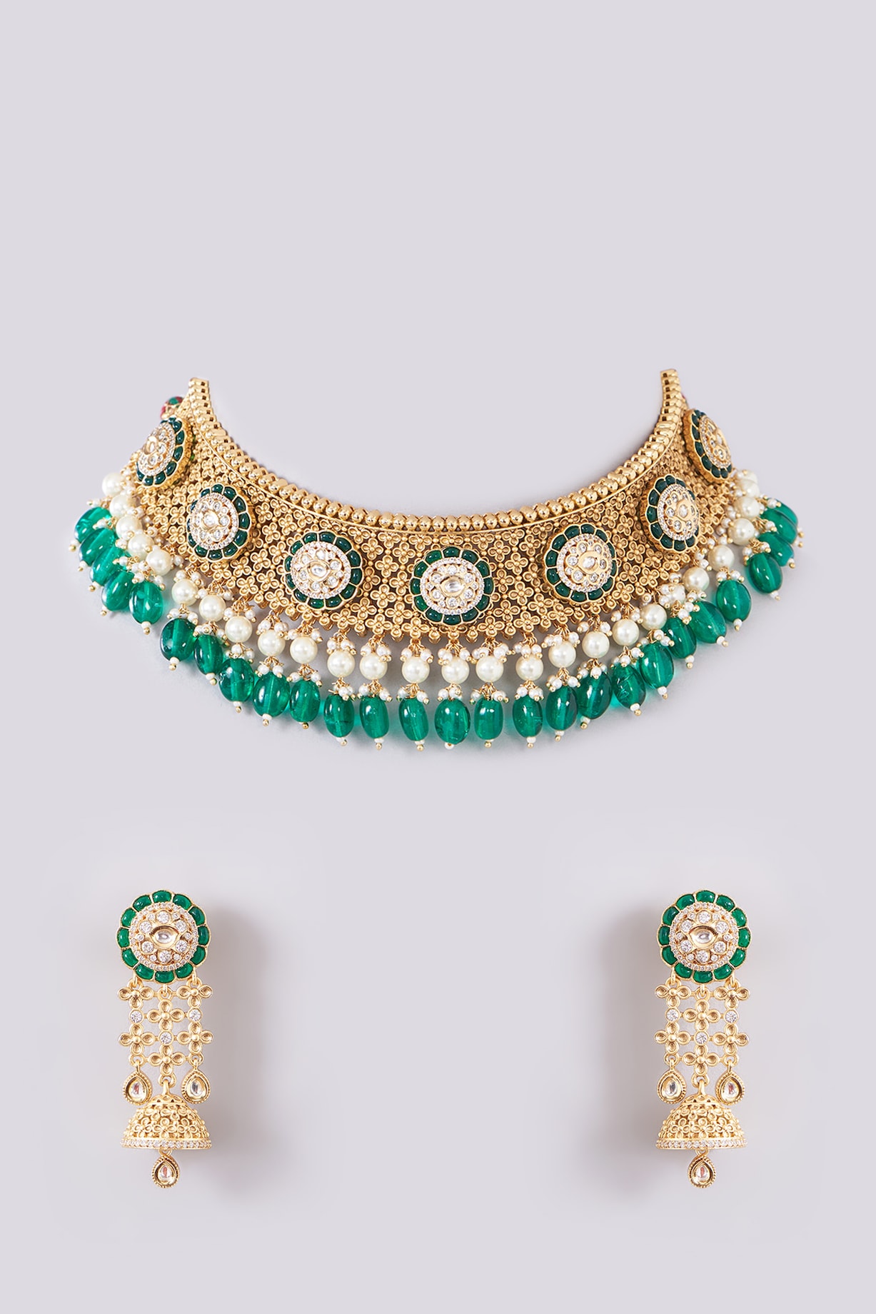 Gold Finish Kundan Polki & Emerald Pearl Choker Necklace Set by Zevar by Geeta at Pernia's Pop ...