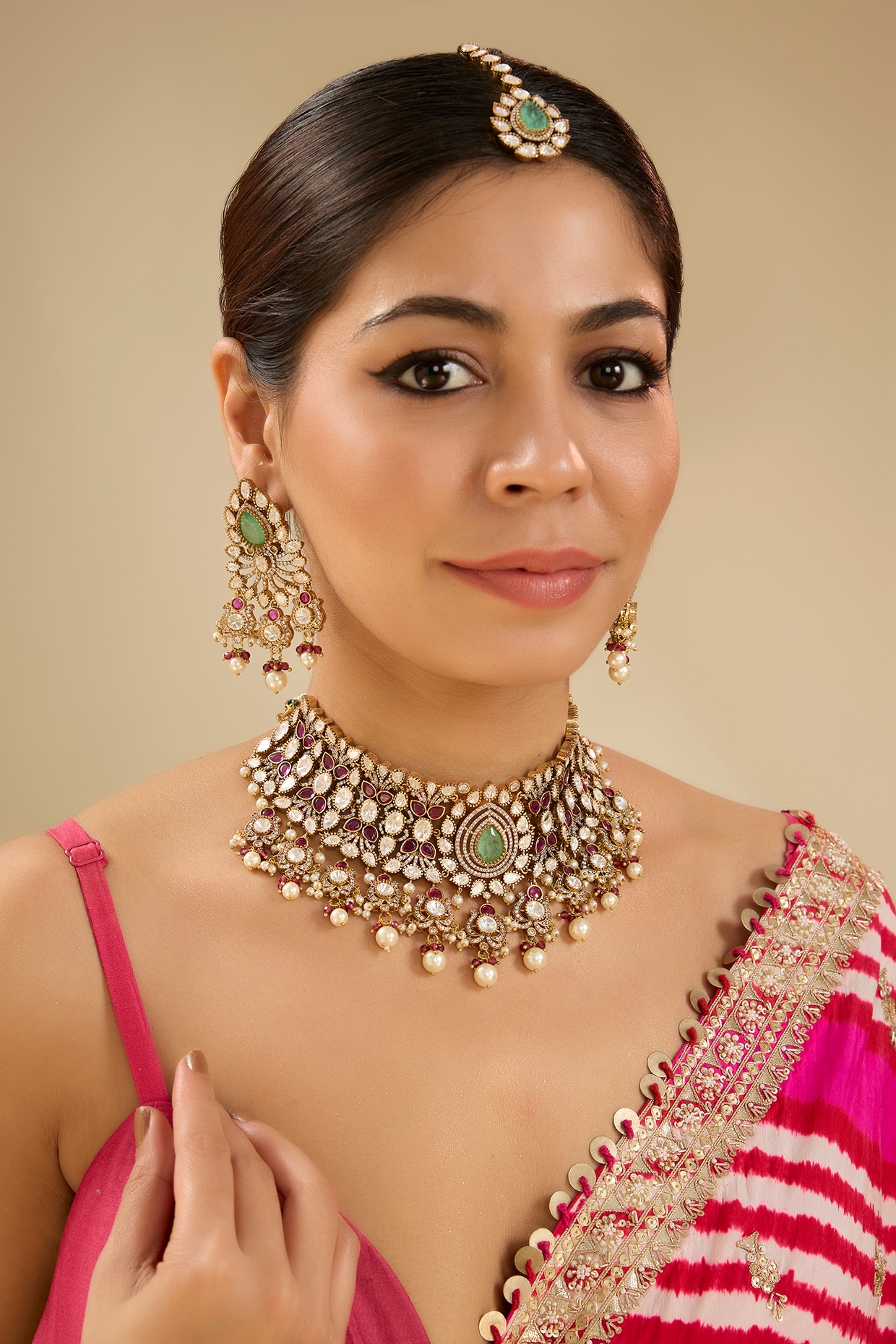 Gold Finish Kundan Polki & Green Stone Necklace Set by Zevar By Geeta ...