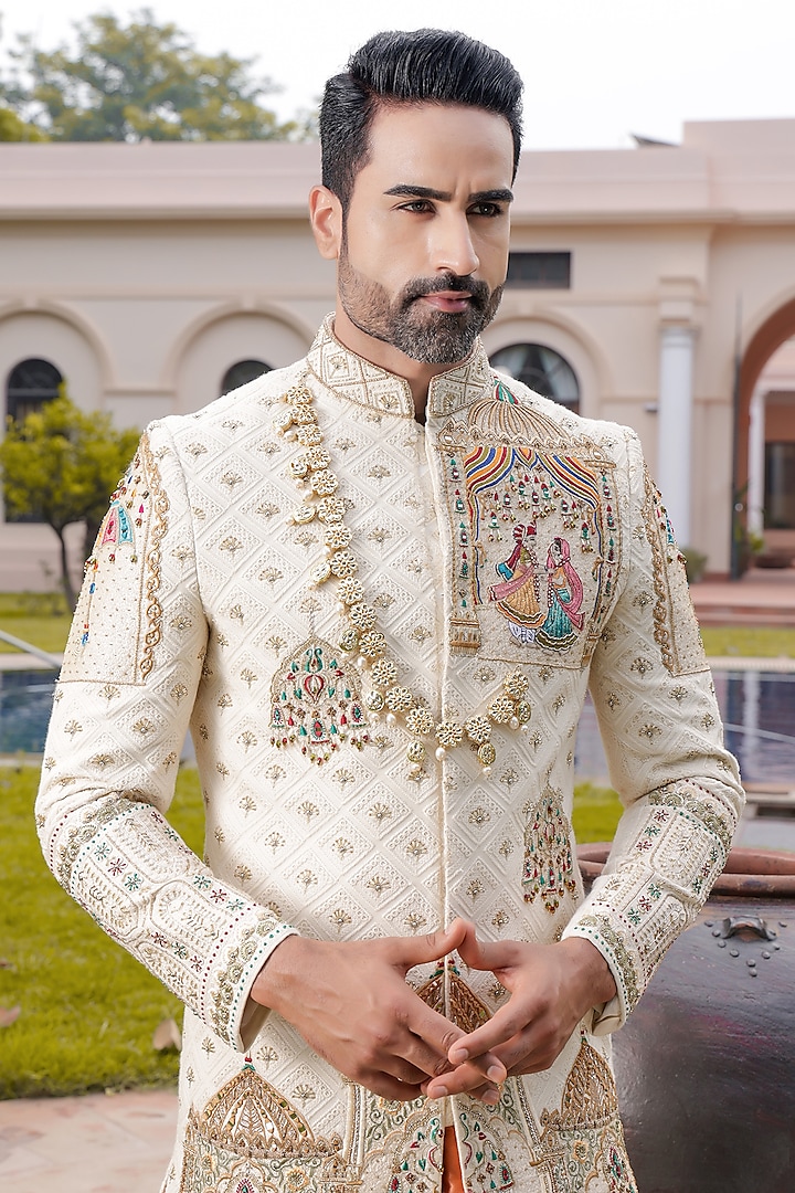 Ivory Lucknowi Hand Embroidered Sherwani Set by ZENITH COUTURE at ...