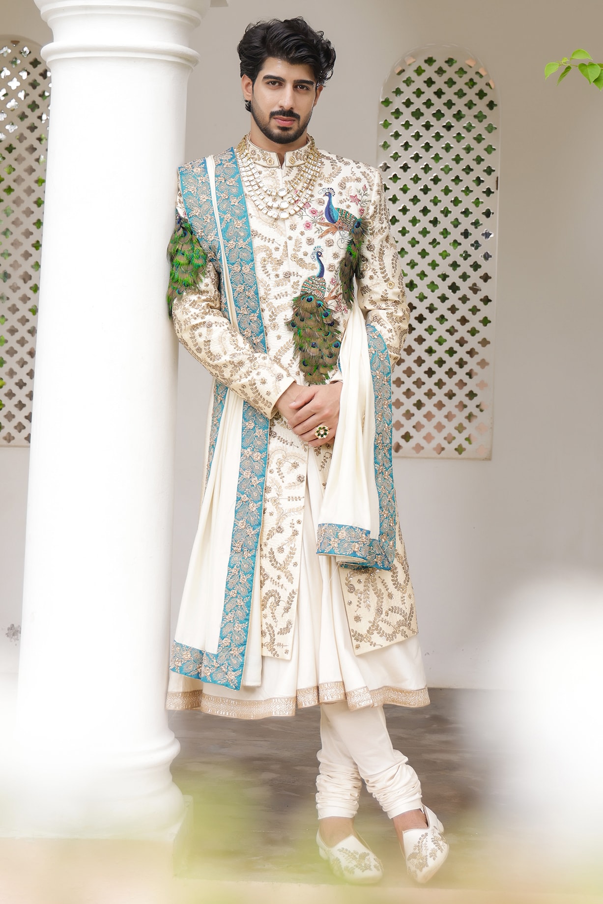 Ivory Pure Raw Silk Hand Embroidered Sherwani Set by ZENITH COUTURE at Pernia's Pop Up Shop 2025
