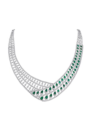 18kt White Gold Finish Diamond & Emerald Stone Necklace by ZEN DIAMOND ...