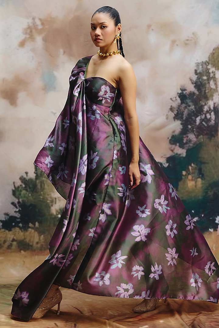 Multi-Colored Silk Floral Draped Cape Summer Dress by ZiP by Payal ...