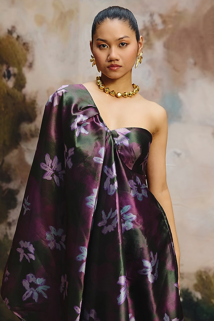 Multi-Colored Silk Floral Draped Cape Summer Dress by ZiP by Payal ...