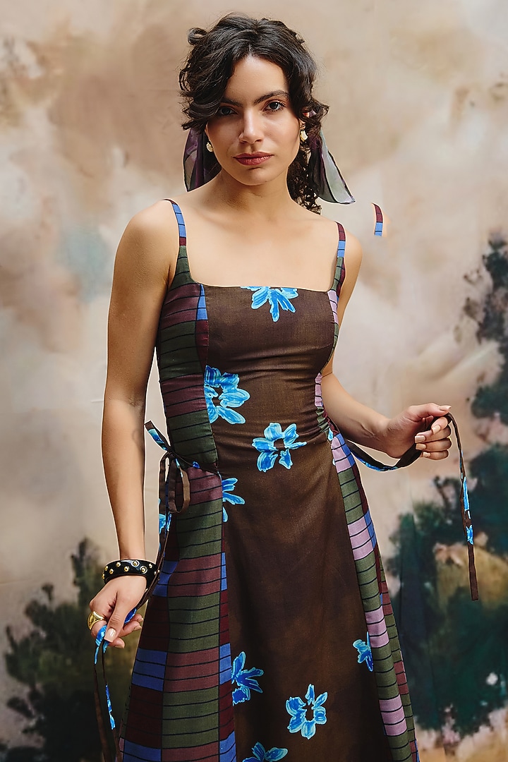 Multi-Colored Linen Floral Midi Summer Dress by ZiP by Payal & Zinal at ...