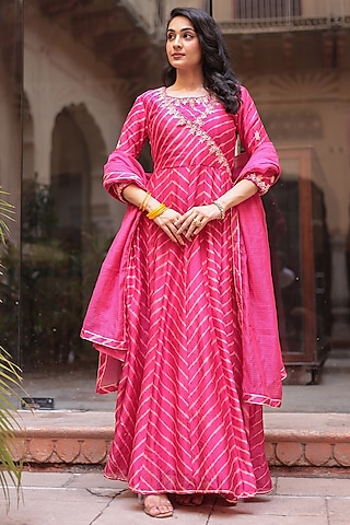 Dark Pink Chanderi Zardosi Embroidered Leheriya Anarkali With Dupatta ...