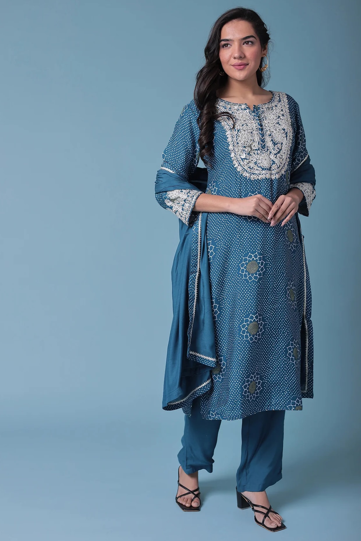 Dark Blue Satin Silk Embroidered Bandhej Kurta Set by Zari Jaipur at ...