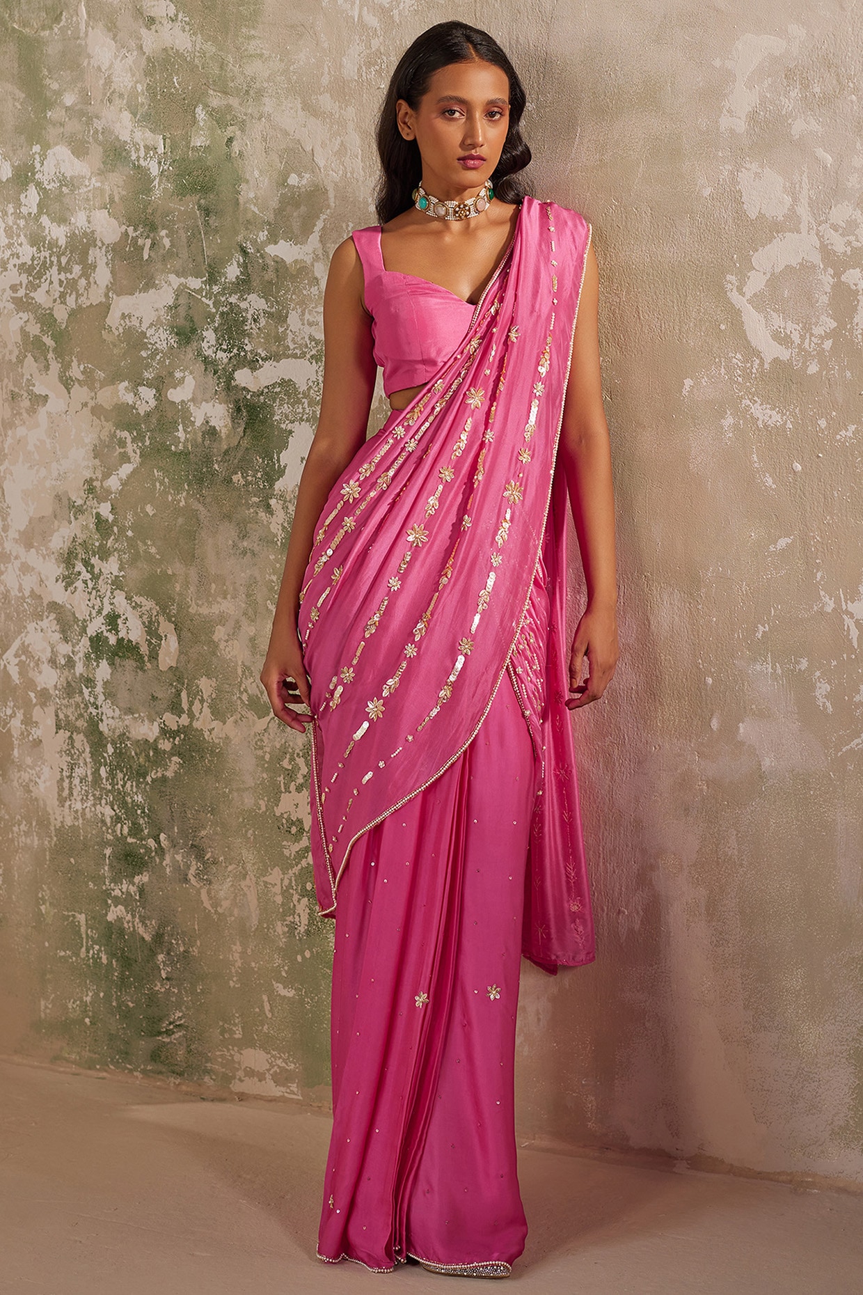 Pink Satin & Flat Chiffon Aari Hand Embroidered Pleated Saree Set by ...