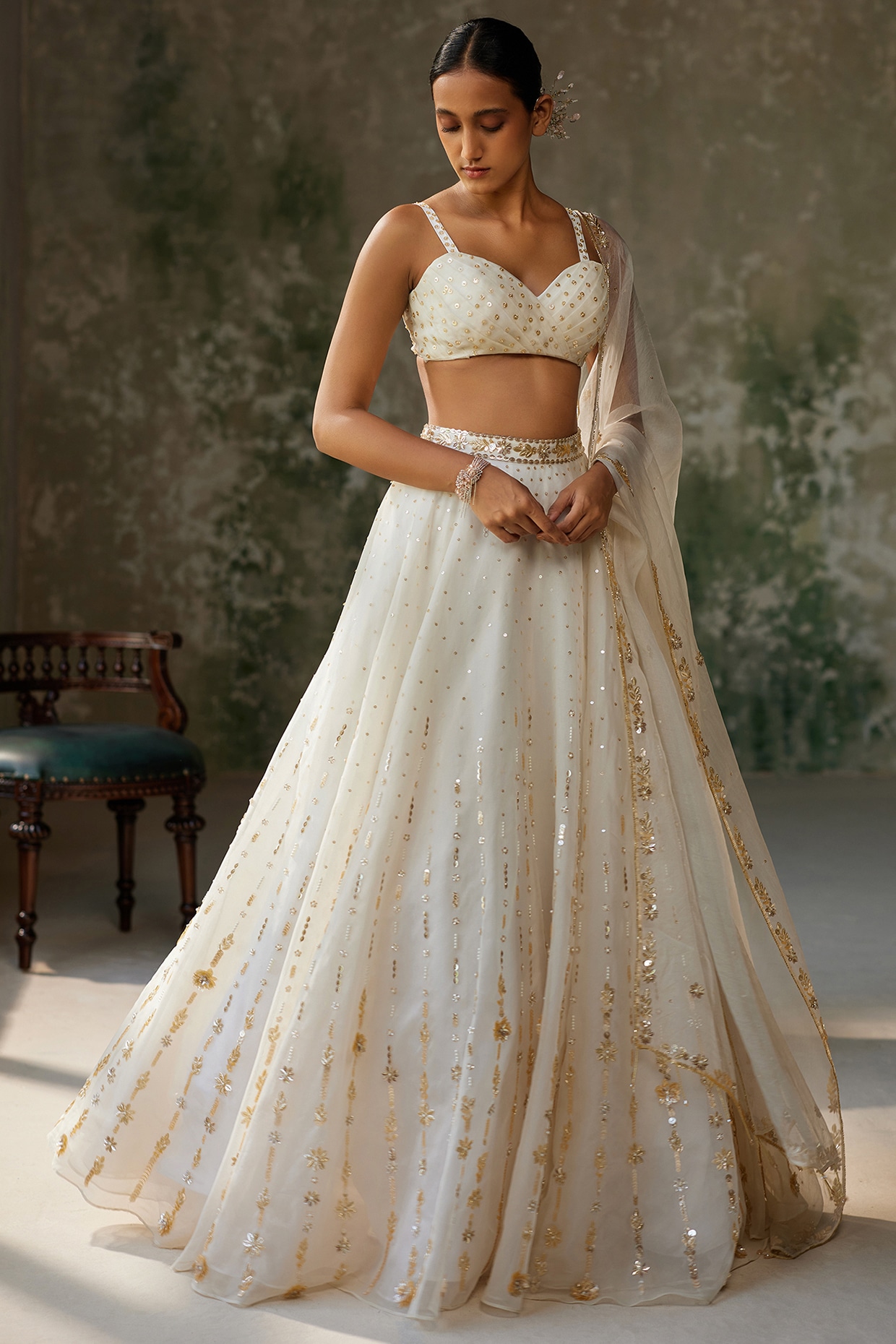 Ivory Pure Silk Organza Aari Hand Embroidered Wedding Lehenga Set by ...