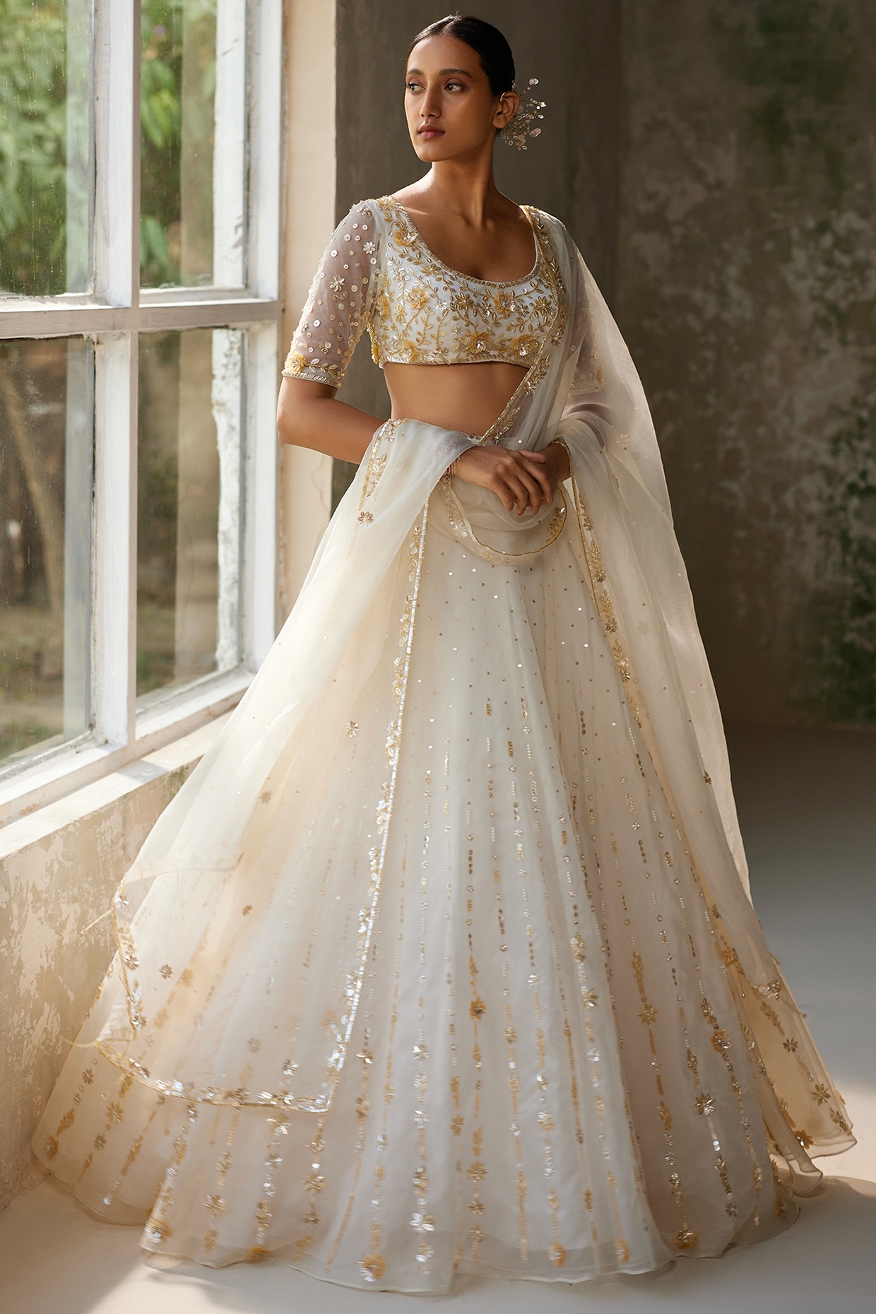 Ivory Pure Silk Organza Aari Hand Embroidered Wedding Lehenga Set by ...