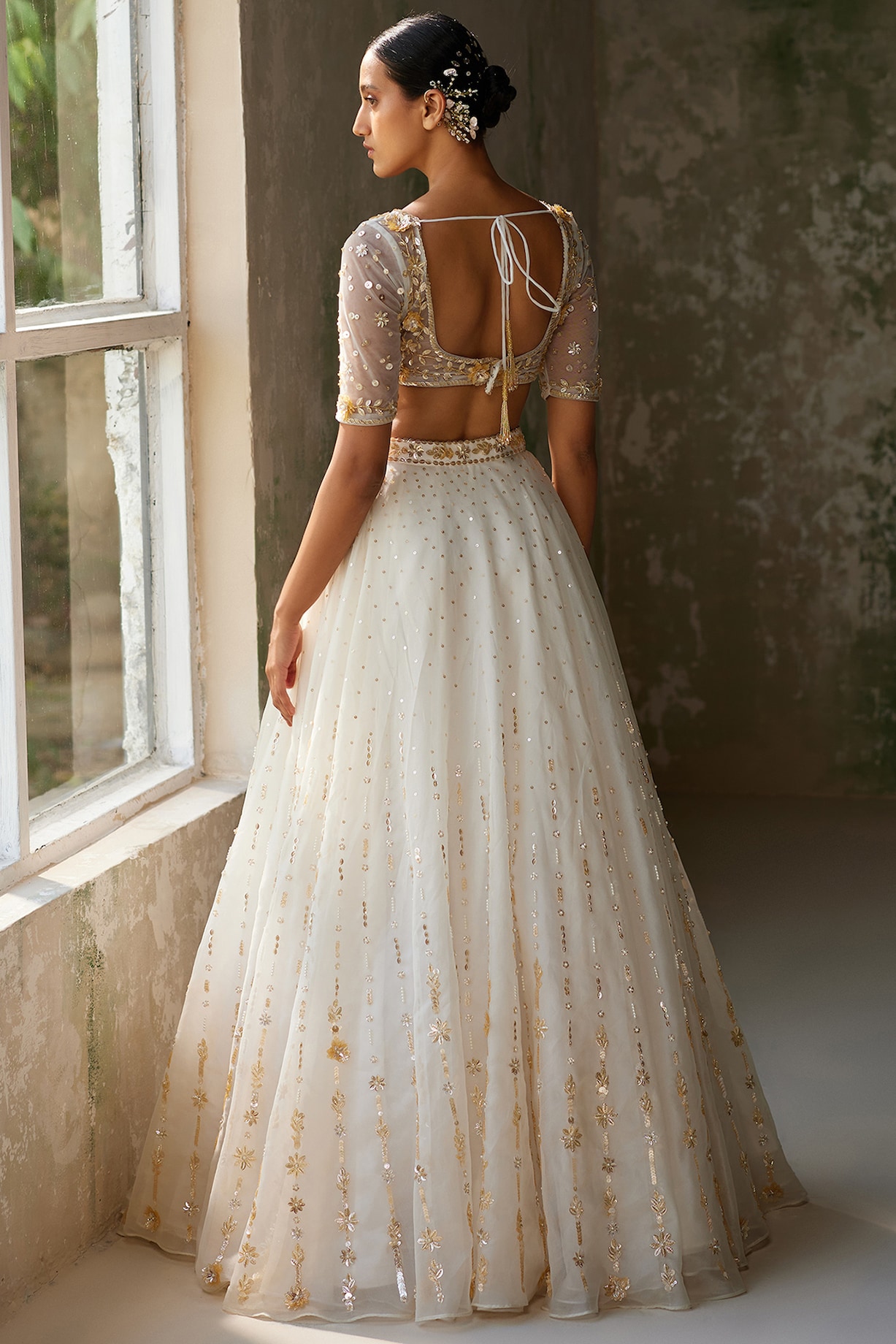 Ivory Pure Silk Organza Aari Hand Embroidered Wedding Lehenga Set by ...