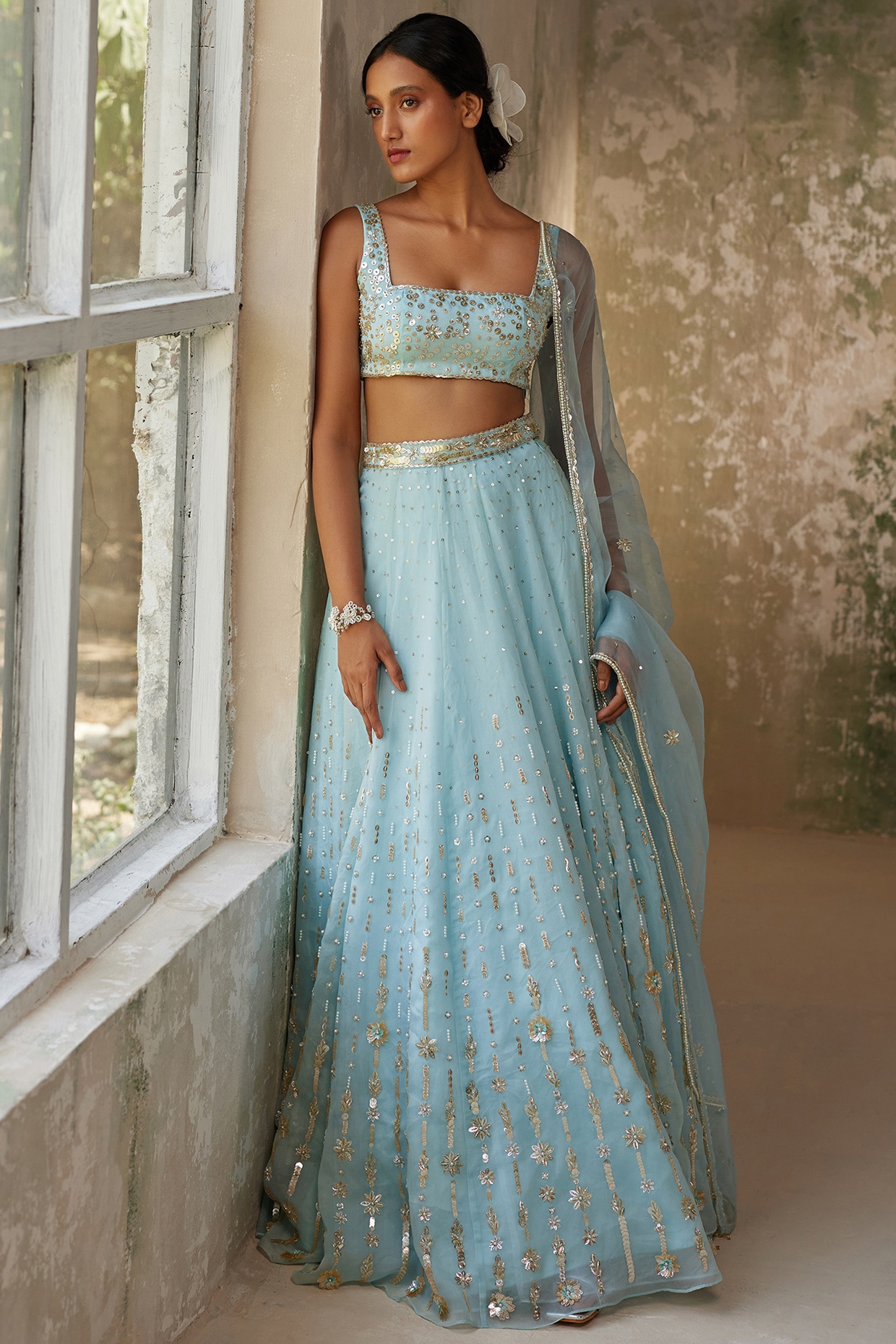 Sky Blue Pure Silk Organza Aari Hand Embroidered Wedding Lehenga Set by ...