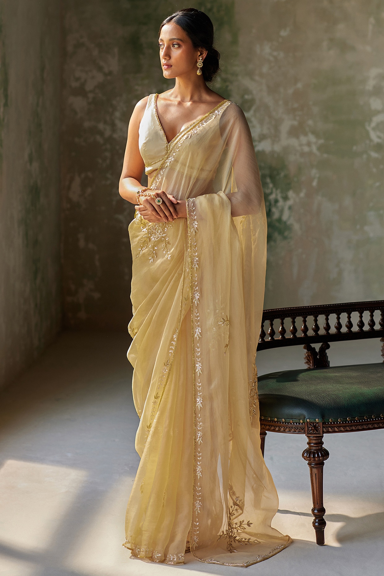 Golden Pure Silk Organza Aari Hand Embroidered Saree Set by Zoon Tribe ...