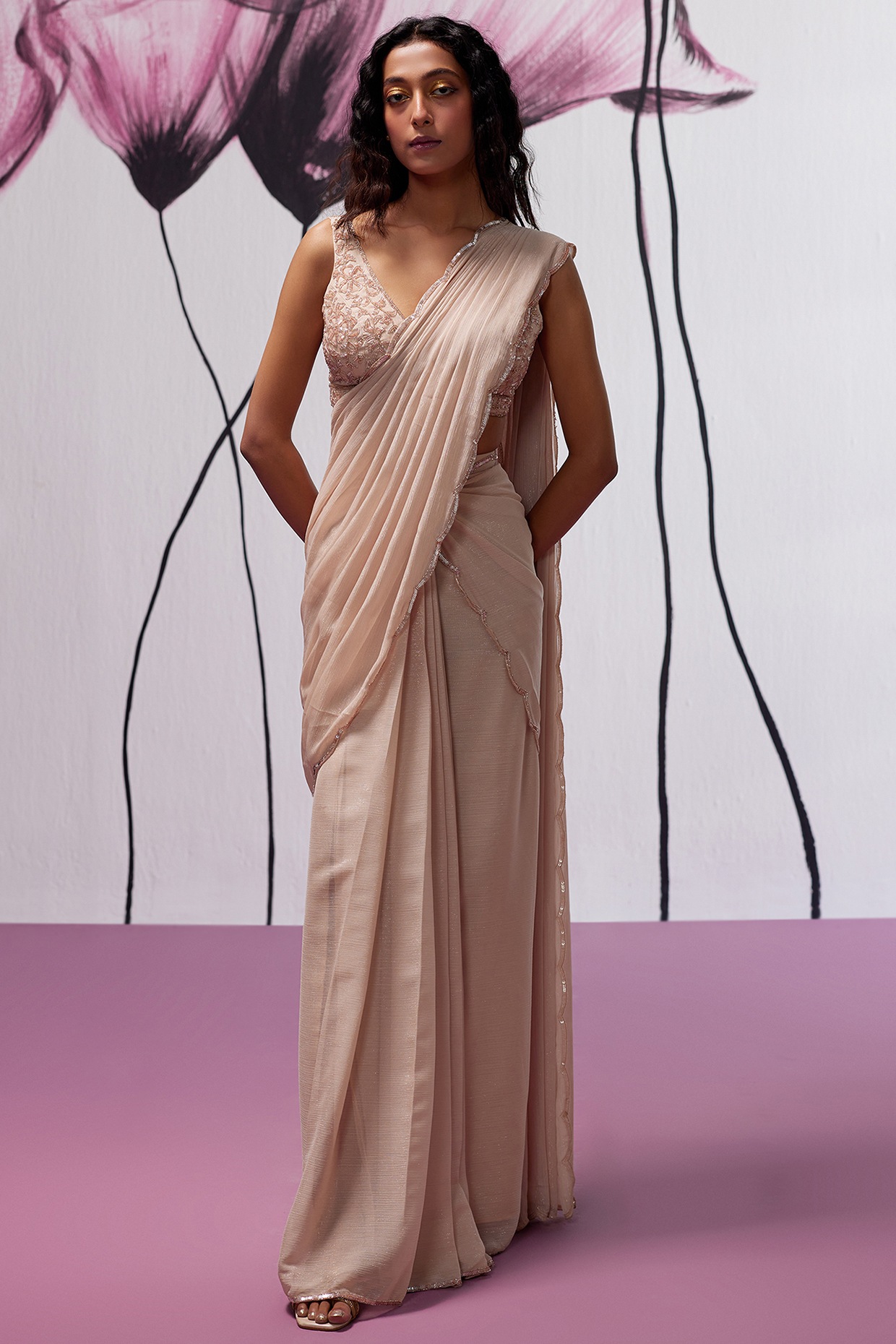 Nude Soft Georgette Hand Embroidered Pre-Stitched Saree Set by Zoon Tribe at Pernia's Pop Up ...