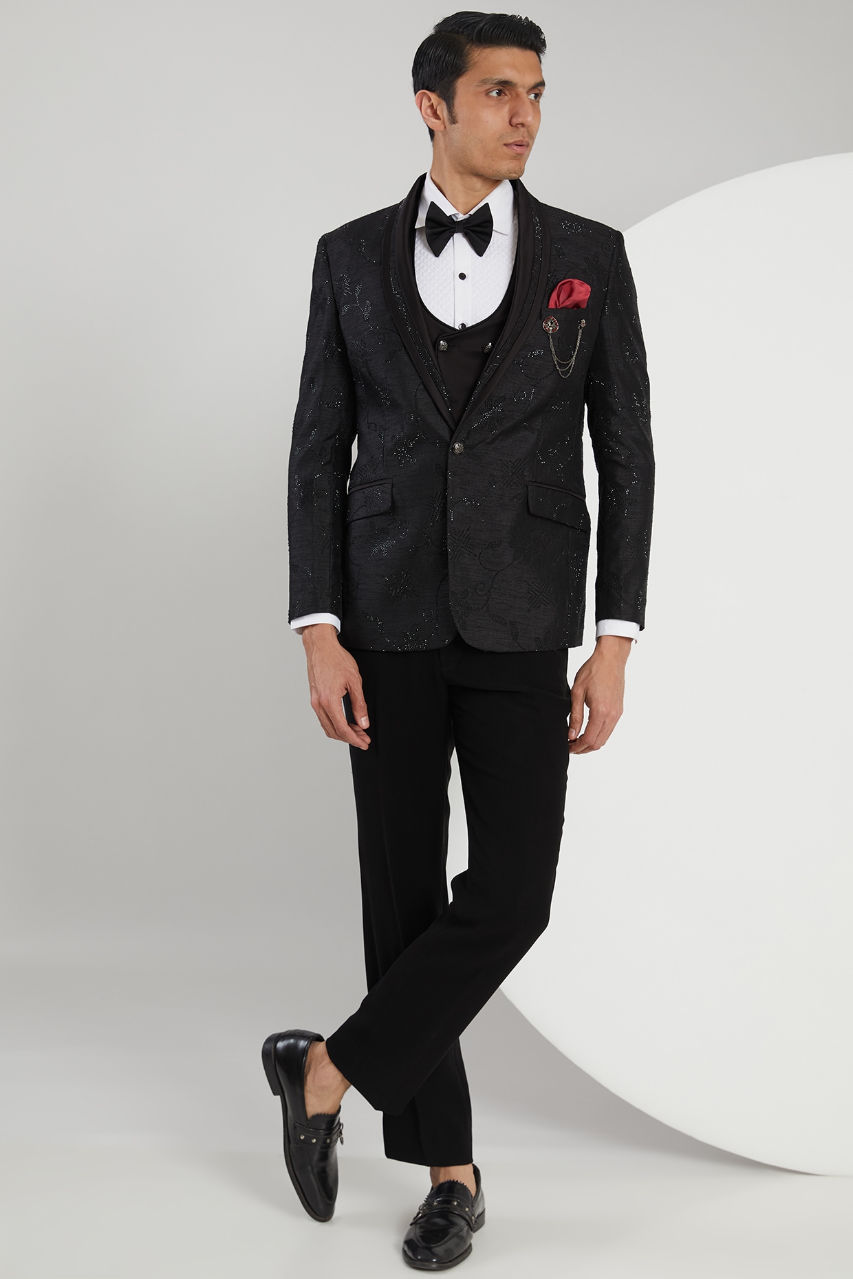 Black Jacquard Embroidered Tuxedo Set by Zoop Men at Pernia's Pop Up Shop 2025