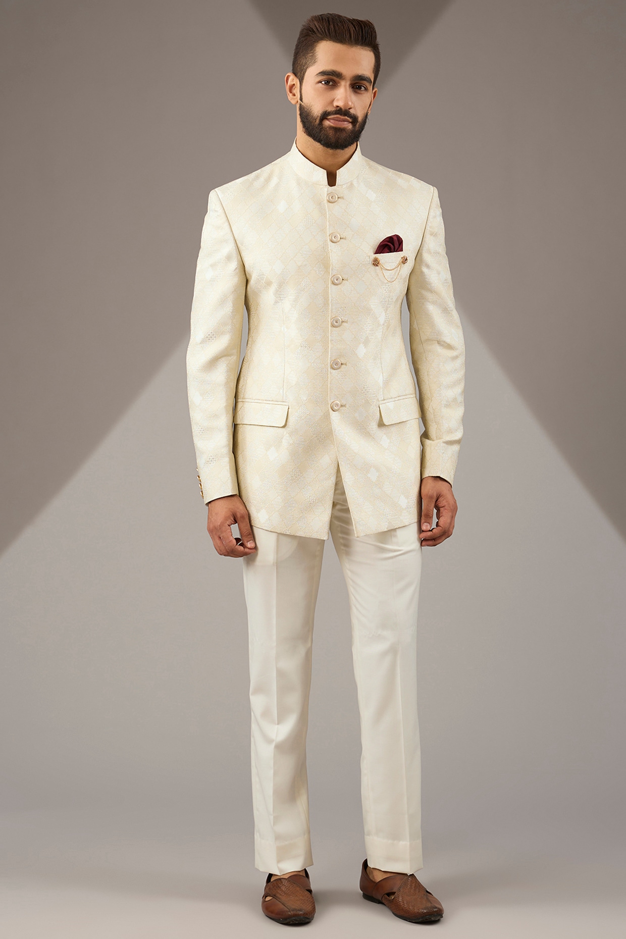 Cream Jacquard Bandhgala Set by Zoop Men at Pernia's Pop Up Shop 2025