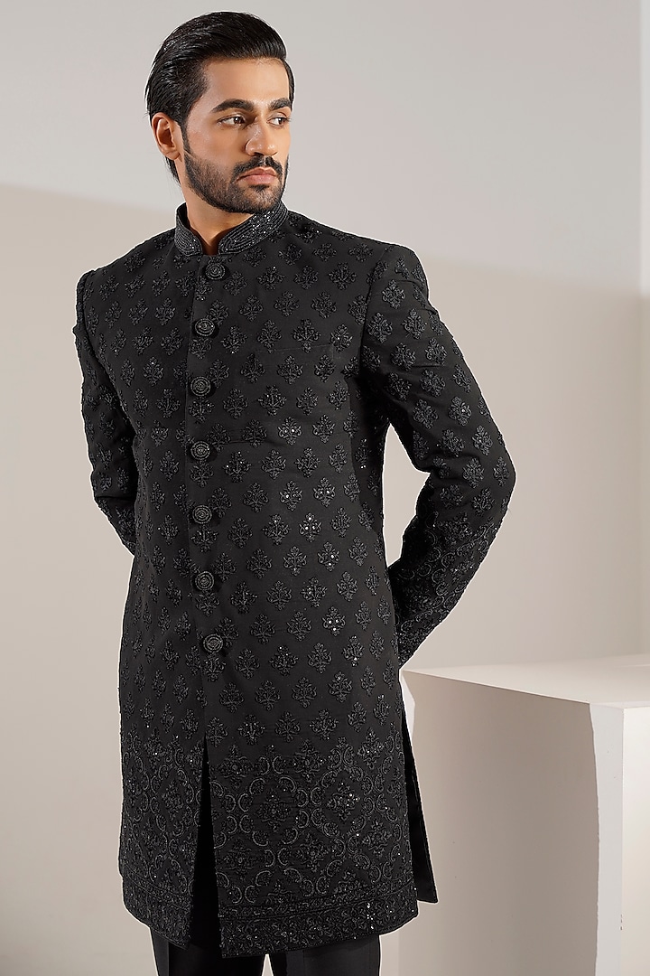 Black Jacquard Cutdana Embroidered Indowestern Set by Zoop Men at Pernia's Pop Up Shop 2025