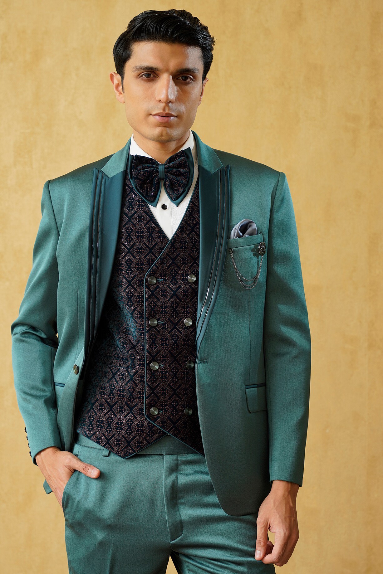 Light Teal Green Jacquard Tuxedo Set Design by Zoop Men at Pernia's Pop ...