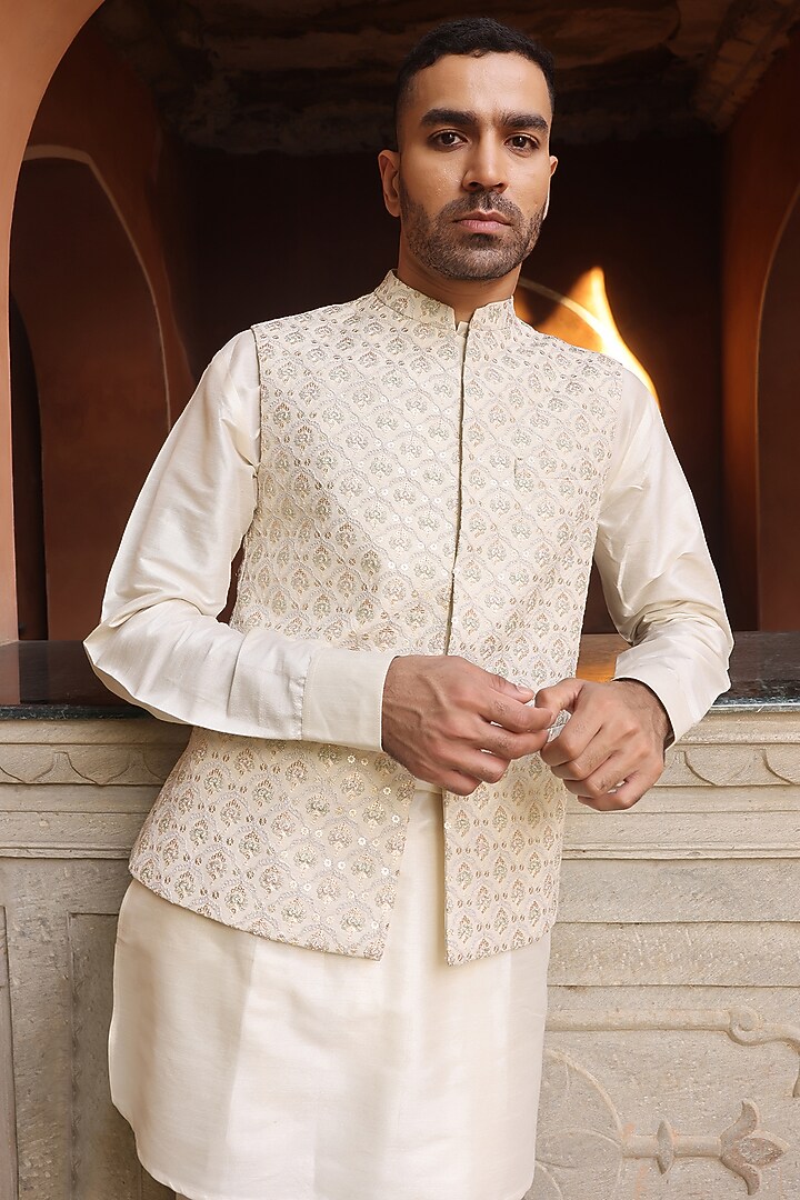 Light Gold Poly Silk Machine Embroidered Bundi Jacket Set by Zoop Men ...