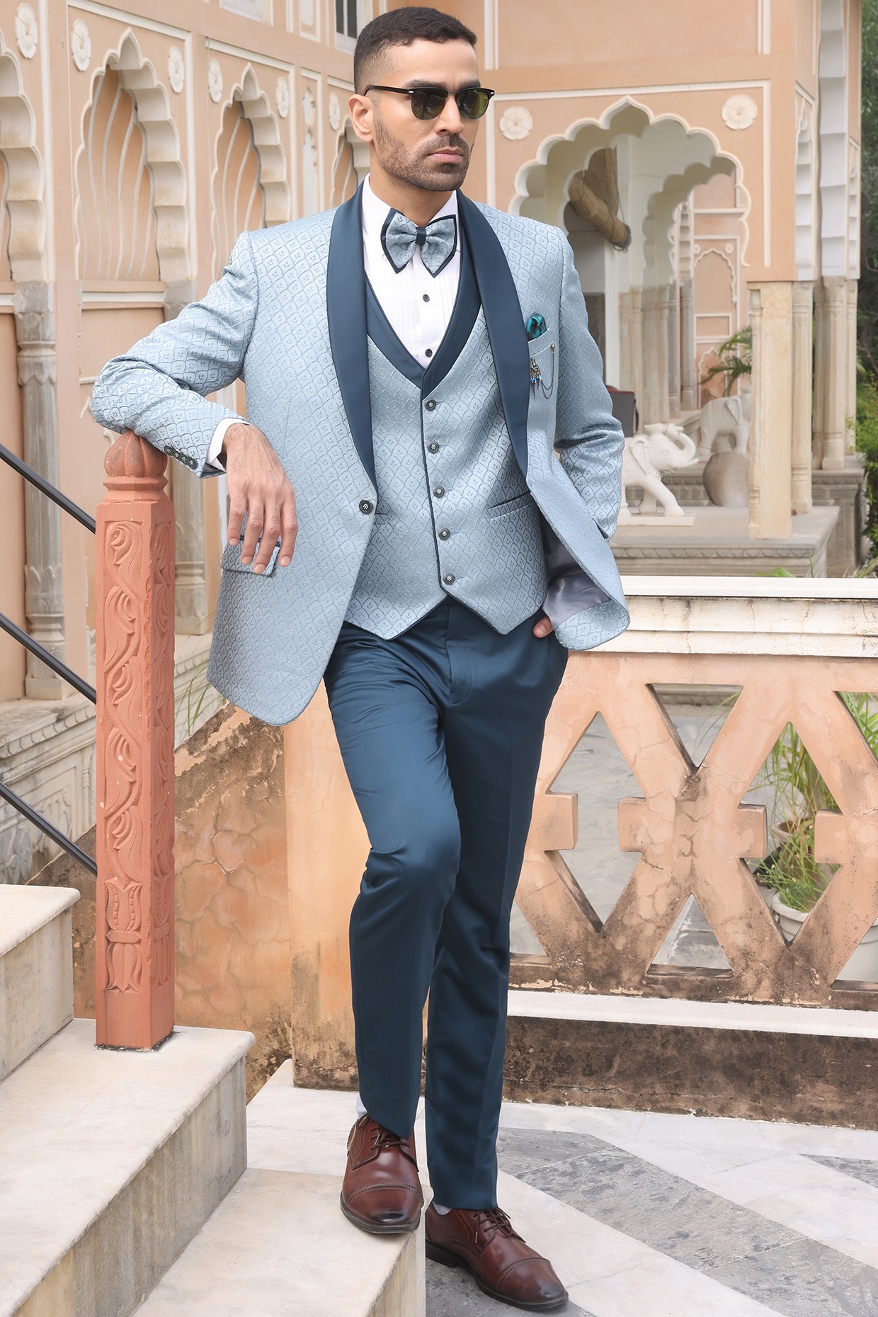 Light Teal Jacquard Tuxedo Set by Zoop Men at Pernia's Pop Up Shop 2025