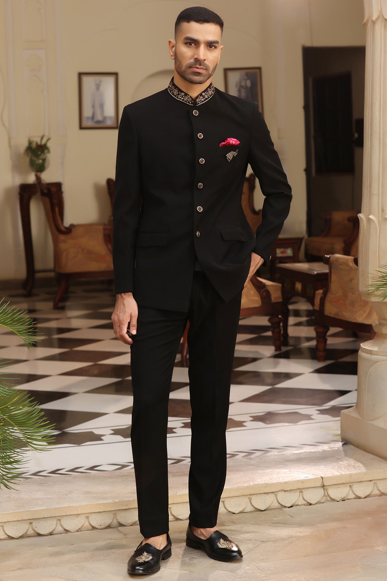 Black Japanese Satin Silk Lycra Bandhgala Set by Zoop Men at Pernia's Pop Up Shop 2025