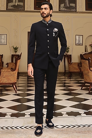 Navy Blue Japanese Satin Silk Lycra Bandhgala Set by Zoop Men at Pernia ...