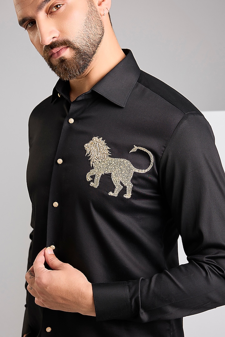 Black Cotton Satin Hand Embroidered Party Wear Shirt by Zoop Men at ...