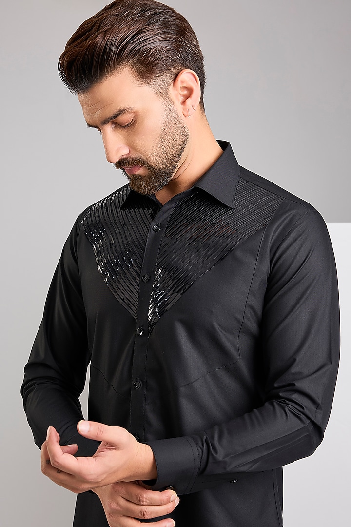 Black Cotton Satin Metallic Stripe Party Wear Shirt by Zoop Men at ...