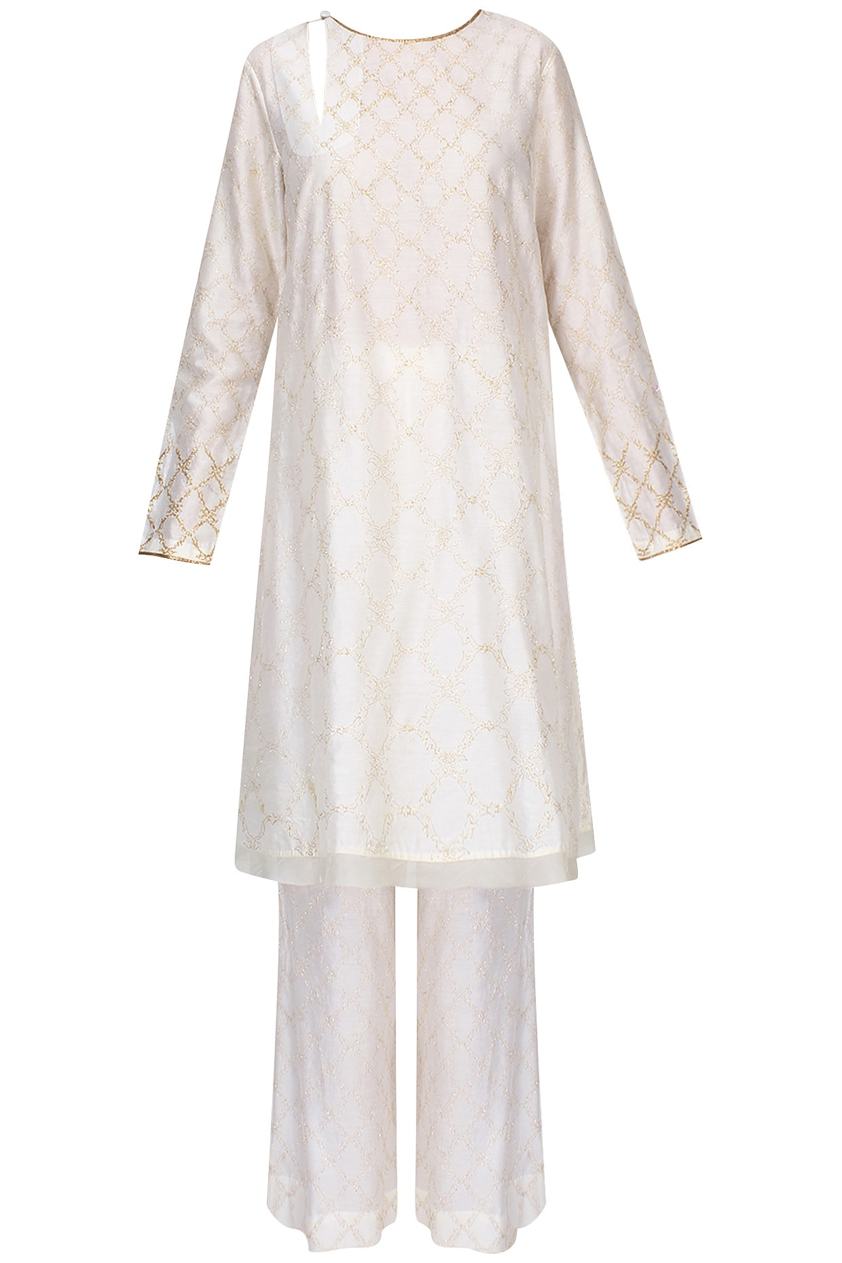 Ivory textured badla work kaftan with wide leg pants available only at ...