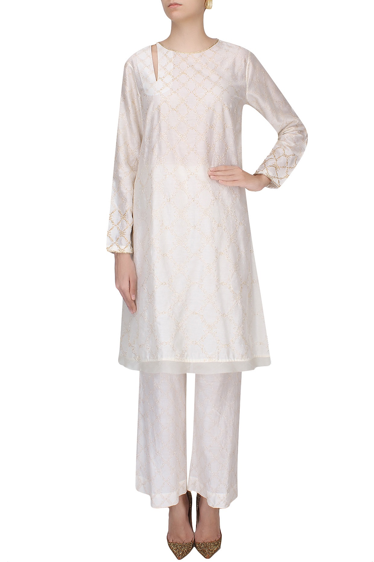 Ivory textured badla work kaftan with wide leg pants available only at ...