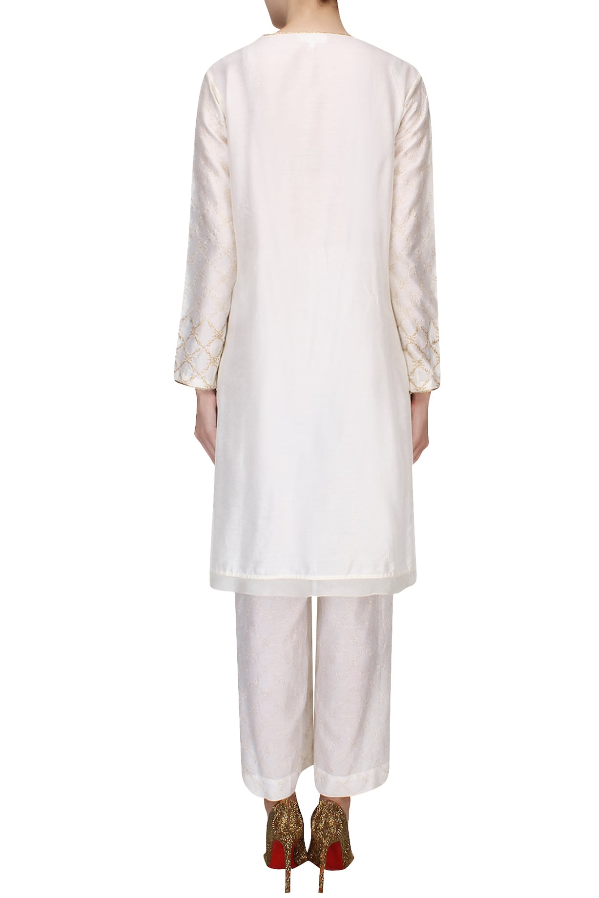 Ivory textured badla work kaftan with wide leg pants available only at ...
