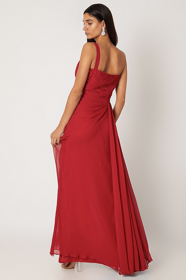 Red Georgette Draped Gown by Zwaan at Pernia's Pop Up Shop 2025